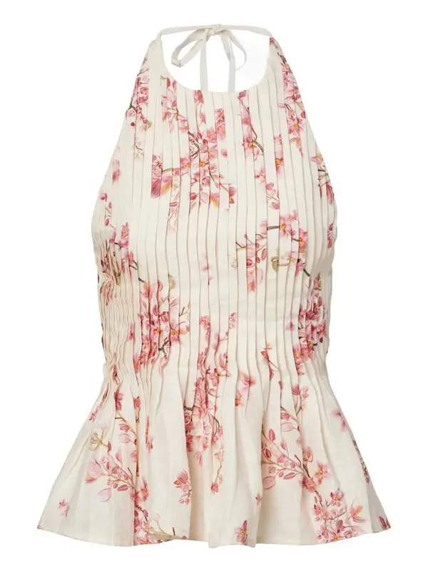 Agua Bendita Cana Floral Pleated Linen Top - White