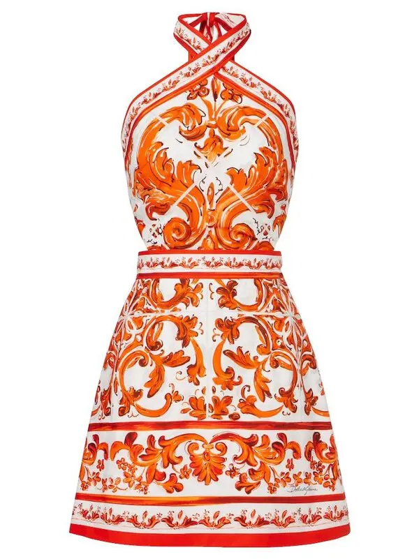 Dolce & Gabbana Majolica Print Cotton Poplin Mini Dress - Orange