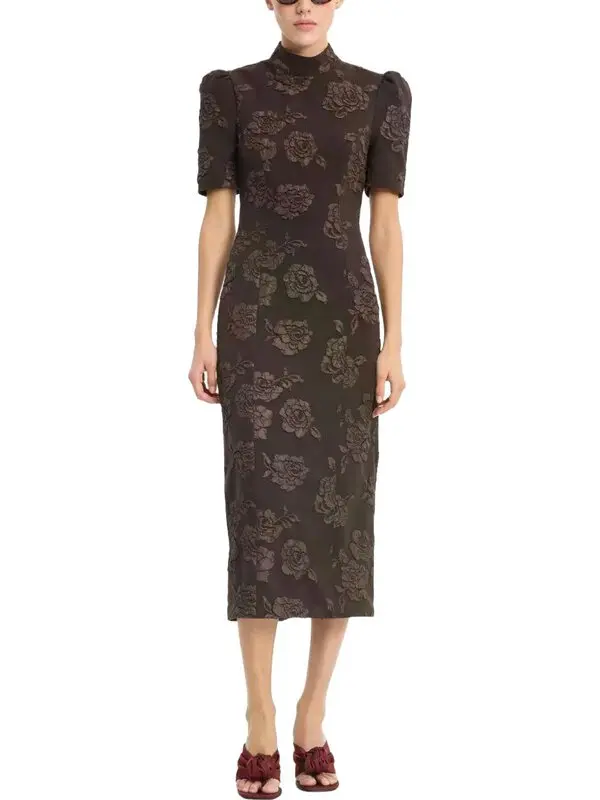 ROTATE BY BIRGER CHRISTENSEN Dark Floral Jacquard Midi Dress - Brown