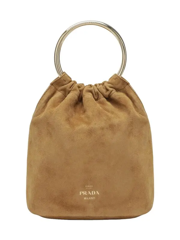 Prada Suede Mini Bucket Bag With Hoop Handles - Brown