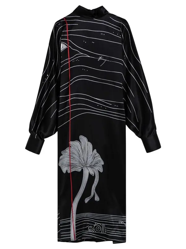 FERRAGAMO Silk Satin Midi Dress With Spirit Print - Black