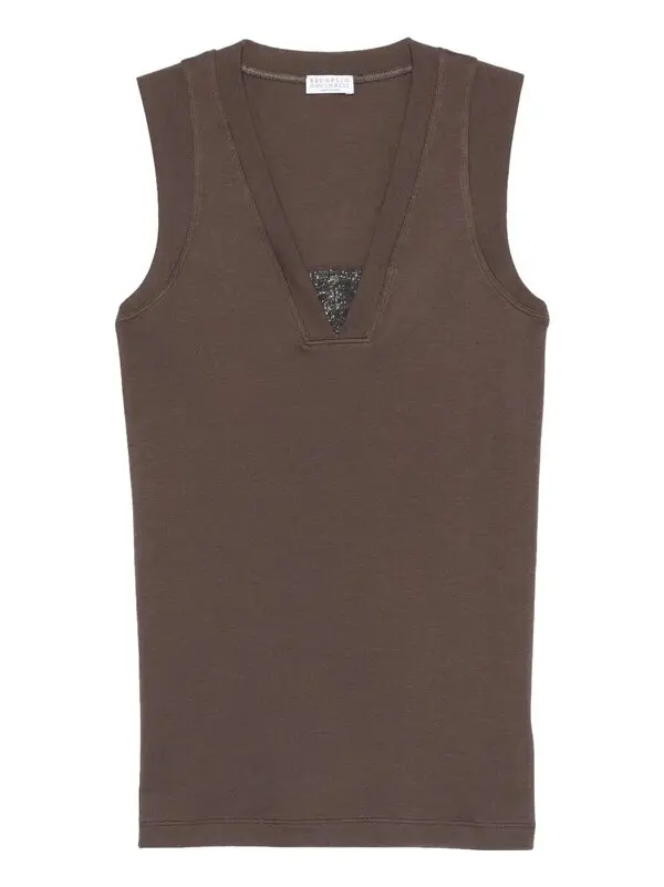 Brunello Cucinelli Stretch Cotton Jersey Tank Top With Embellished Detail - Brown