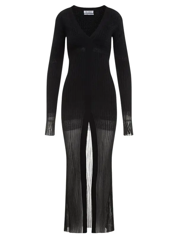 Attico Ribbed V-neck Midi Dress With Lace Trim - Black