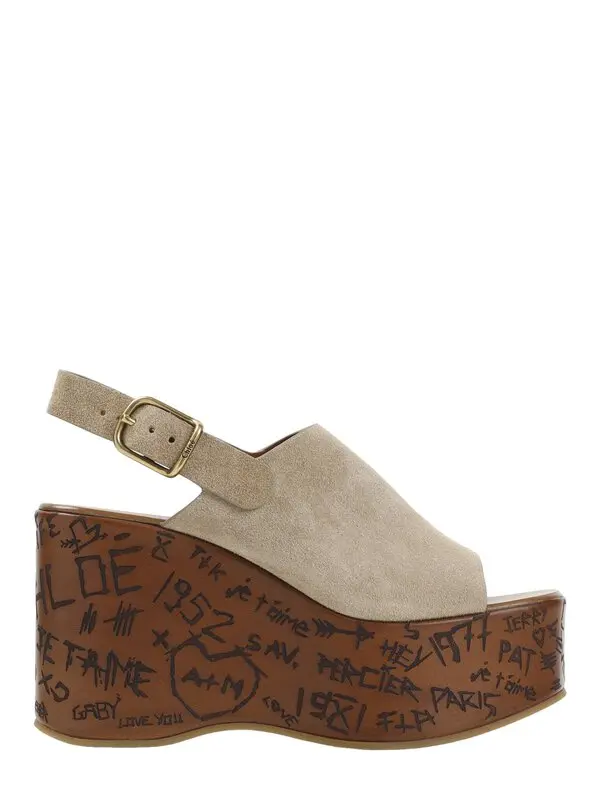 Chloé Beige Suede Calf Leather Maxime Wedge Sandals With Graphic Detailing - Multicolor