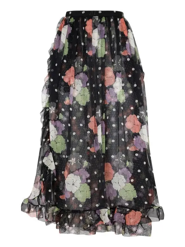 Etro Floral Polka Dot Ruffled Silk Maxi Skirt - Black