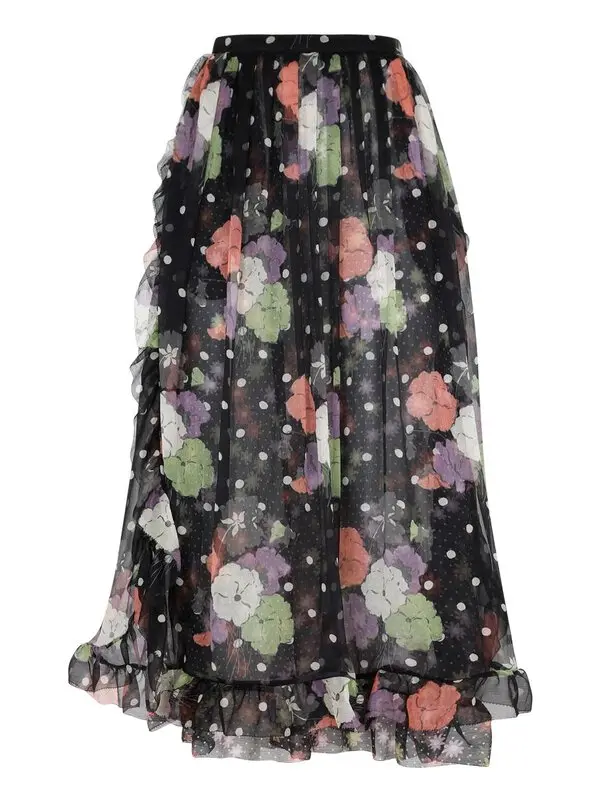 Etro Floral Polka Dot Ruffled Silk Maxi Skirt - Black