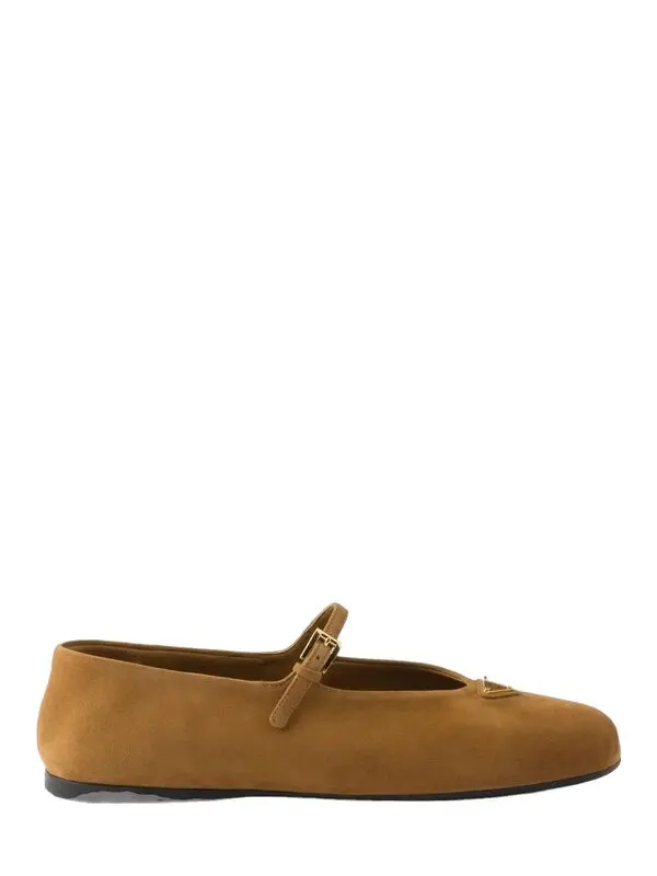 Prada Round Toe Suede Ballerinas With Buckled Strap - Brown