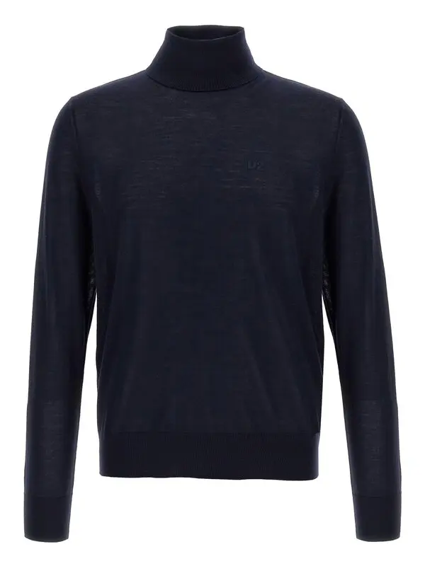 Dsquared2 Fine Knit Virgin Wool Turtleneck Sweater With Embroidered Logo - Blue