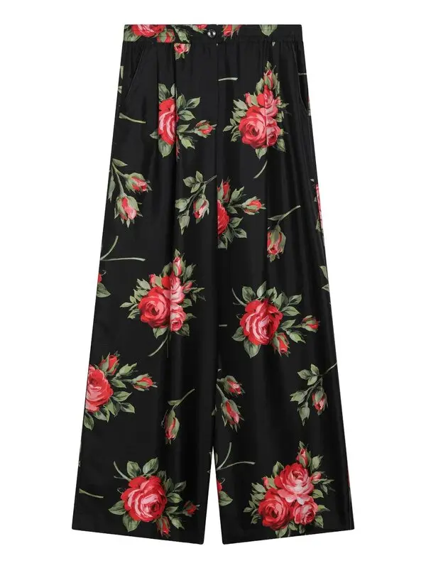 Dolce & Gabbana Wide Leg Trousers With Rose Bouquet Print - Multicolor