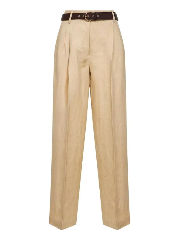 Max Mara Beige Faded Linen Twill Belted Wide-leg Trousers - Multicolor