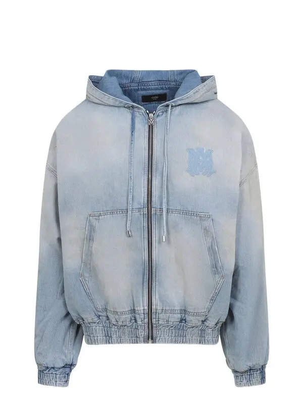 Amiri Denim Zip Hoodie With Logo Detailing - Blue