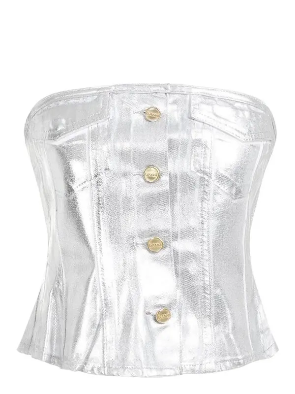 GANNI Foil Corsage Denim Top - Silver