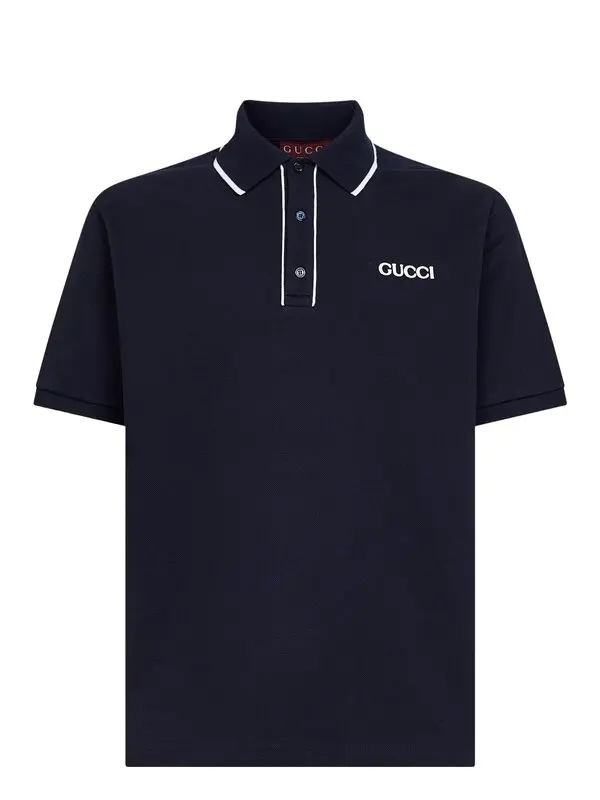 Gucci Navy Blue Cotton Pique Embroidered Polo Shirt - Multicolor
