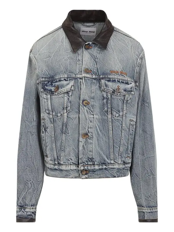 Miu Miu Denim Jacket With Leather Collar - Blue