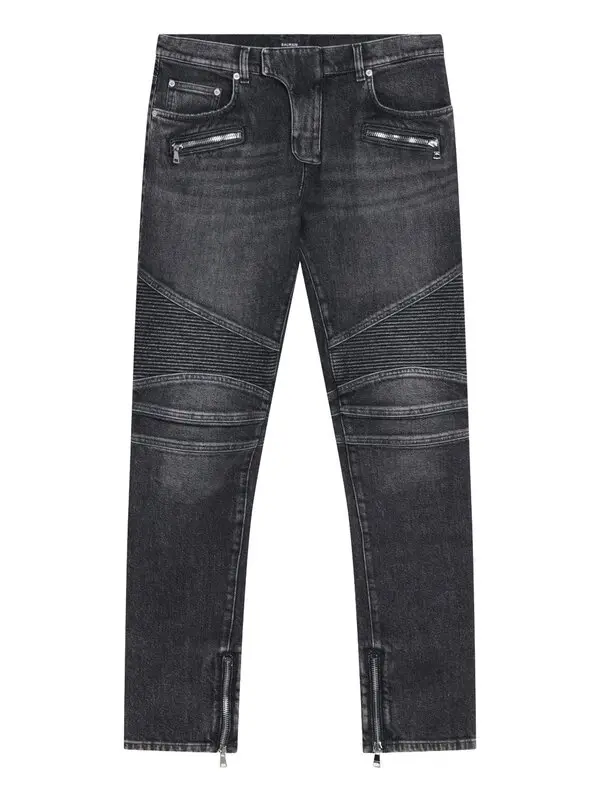 Balmain Grey Washed Slim Biker Jeans - Gray
