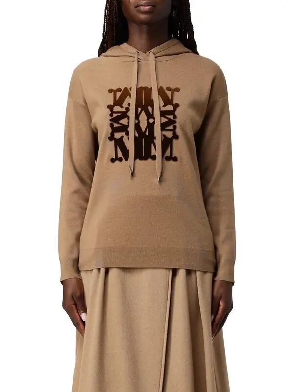 Max Mara Camel Knit Hoodie With Monogram Detail - Brown