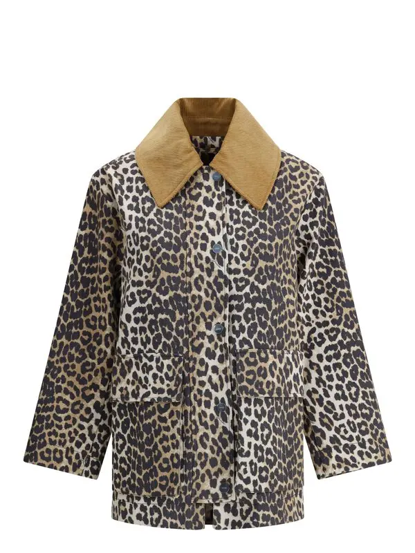 GANNI Leopard Print Jacket With Corduroy Collar - Brown