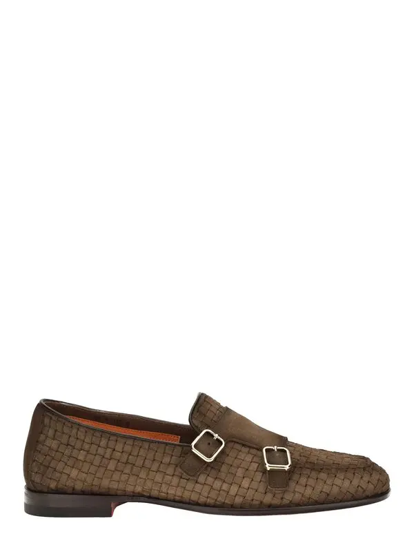 Santoni Woven Leather Double Buckle Loafers - Brown
