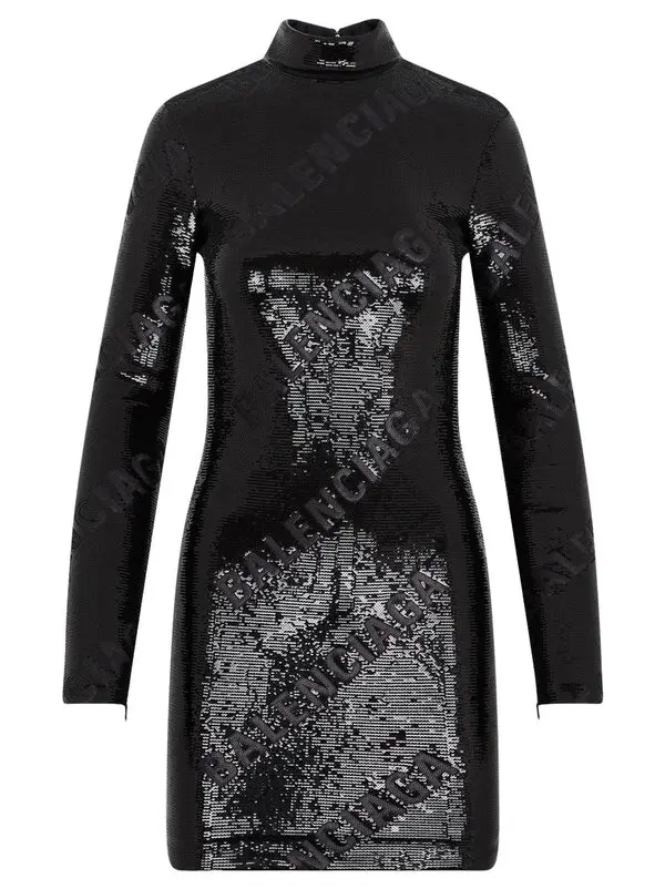 Balenciaga Sequin Embellished Turtleneck Dress - Black