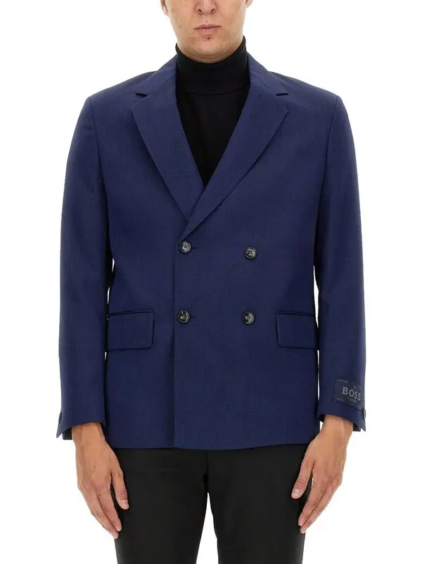 BOSS Double-breasted Jacket In Virgin Wool - Blue