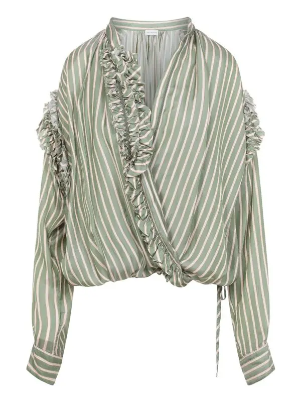 Dries Van Noten Striped Cupro Wrap Shirt - Green