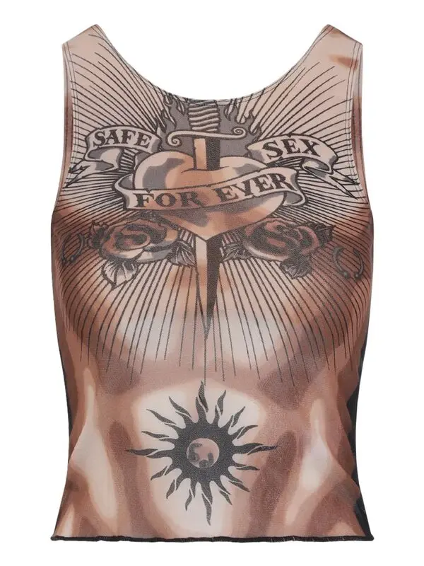 JEAN PAUL GAULTIER Tattoo Print Mesh Top - Multicolor