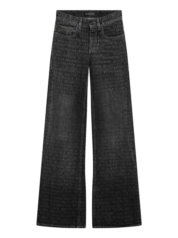 Balenciaga Washed Jacquard Logo Wide Leg Jeans - Black