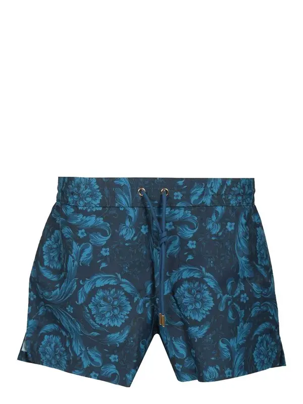 Versace Nylon Swim Shorts With Baroque Print - Blue
