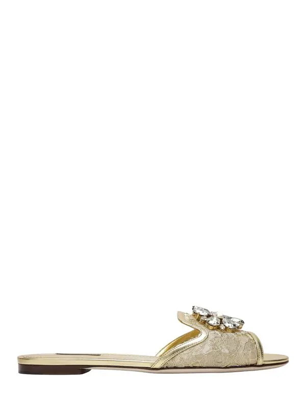 Dolce & Gabbana Gold Lurex Lace Slides With Brooch Embellishment - Silver