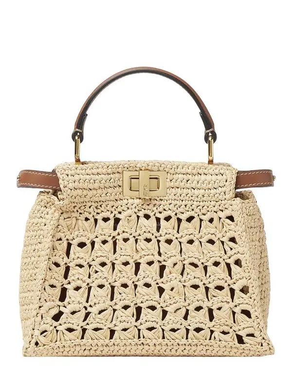 Fendi Peekaboo Mini Raffia Bag With Openwork Woven Pattern - Cream