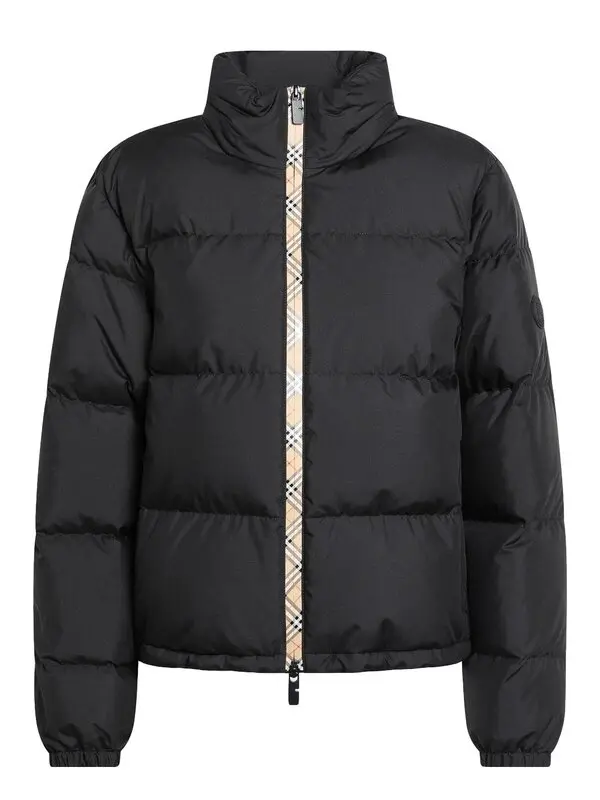 Burberry Zip-up Puffer Jacket With Check Detail - Black