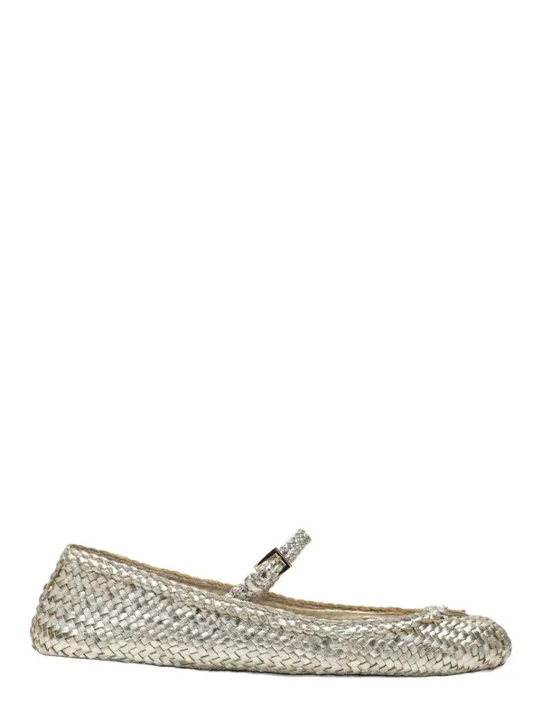 Prada Gold Woven Leather Ballet Flats With Logo Buckle - Silver