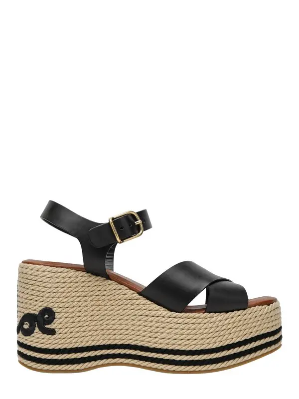 Chloé Calfskin Leather Wedge Sandals With Braided Rope Sole - Black
