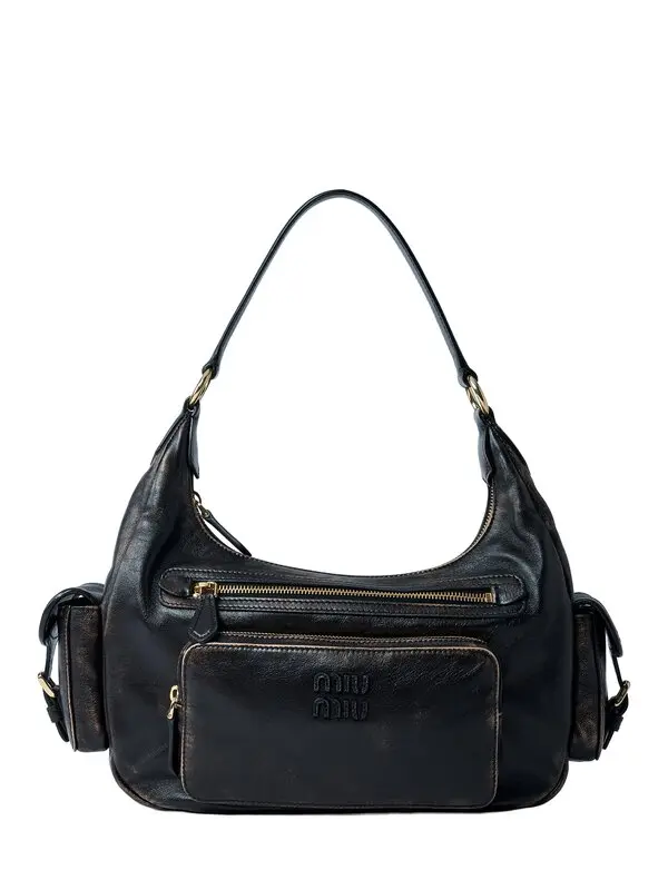 Miu Miu Leather Shoulder Bag With Distressed Finish And Zip Pockets - Brown