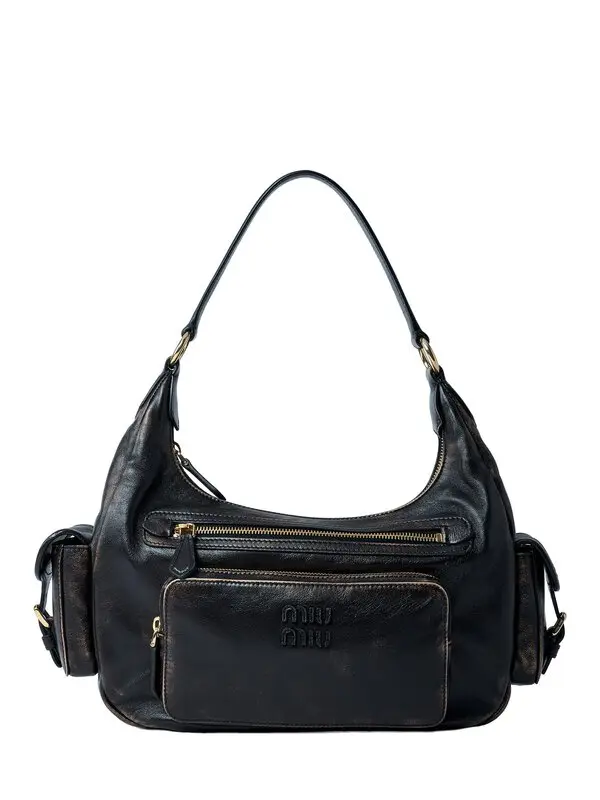 Miu Miu Leather Shoulder Bag With Distressed Finish And Zip Pockets - Brown
