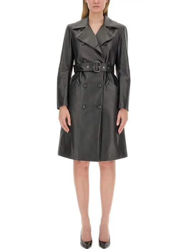 Sportmax Leather Belted Trench Coat - Black