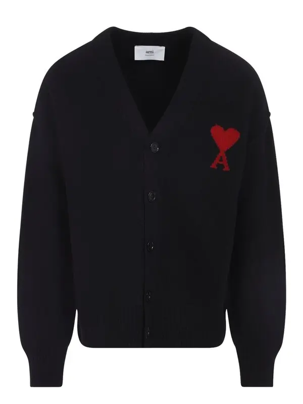 Ami Wool V-neck Cardigan With Embroidered Logo - Black
