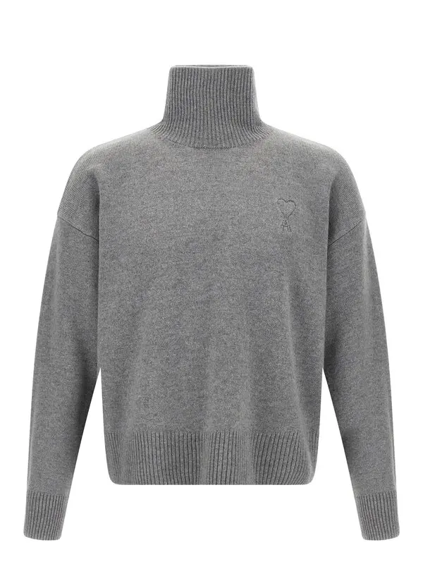 AMI Paris Puff Logo High Neck Sweater - Gray