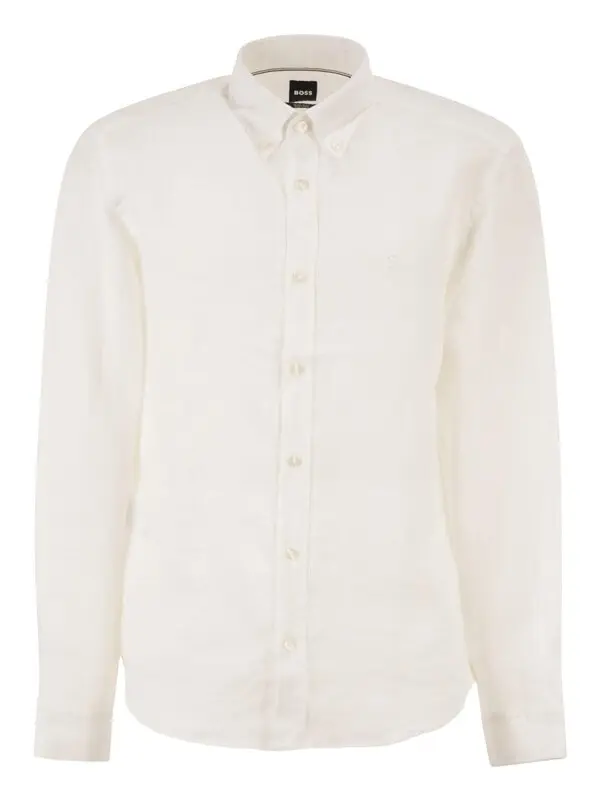 BOSS Pure Linen Regular Fit Shirt With Button-down Collar - White