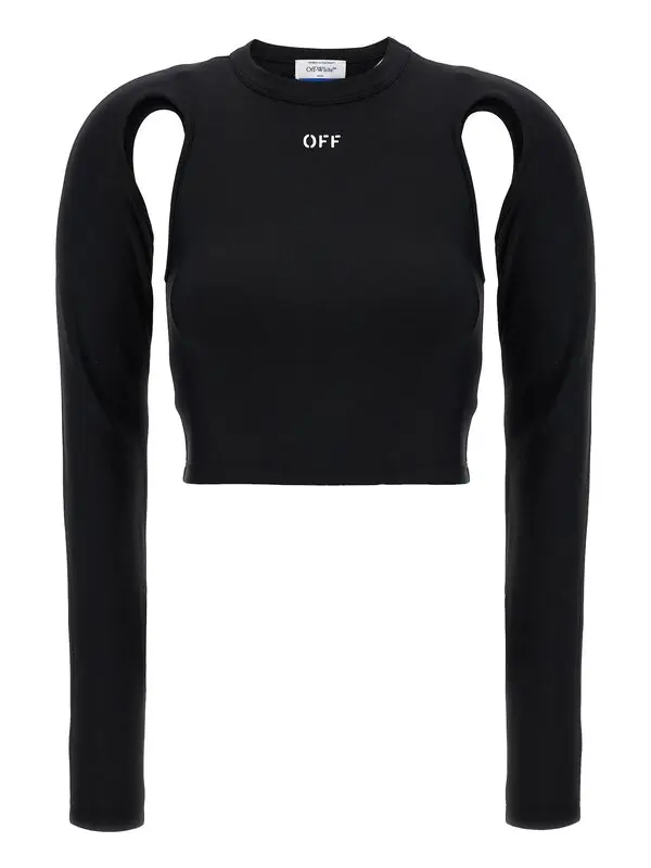 Off-White Sleek Long Sleeve Cropped Top With Cut-out Detail - Black