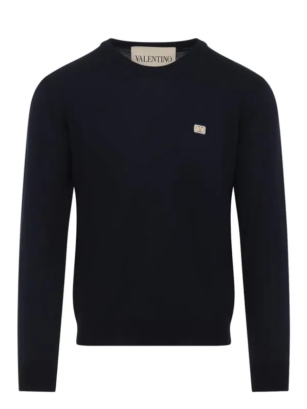 Valentino Garavani Virgin Wool Crewneck Sweater With Gold-tone Metallic V Logo Detail - Blue