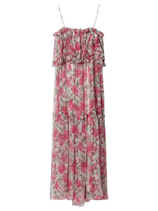 Chloé Long Silk Muslin Dress With Rose Print - Multicolor