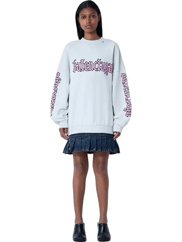 Balenciaga Logo Motif Sweatshirt Dress With Pleated Denim Hem - White