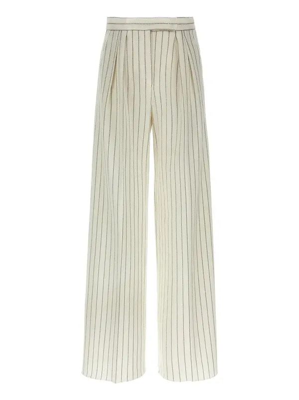 Max Mara Clarion Pinstriped Cotton Linen Blend Wide Leg Pants - White