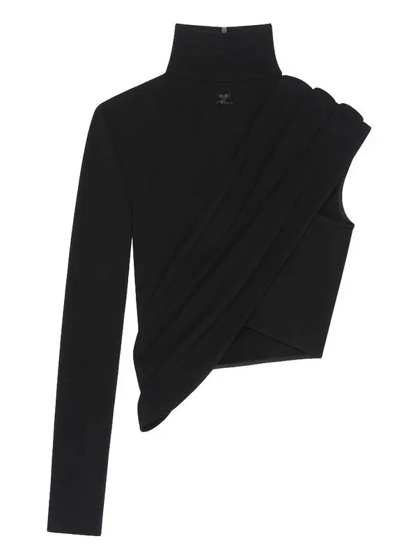 COURREGES Asymmetric Cropped Jersey Top With High Neck And Draping - Black