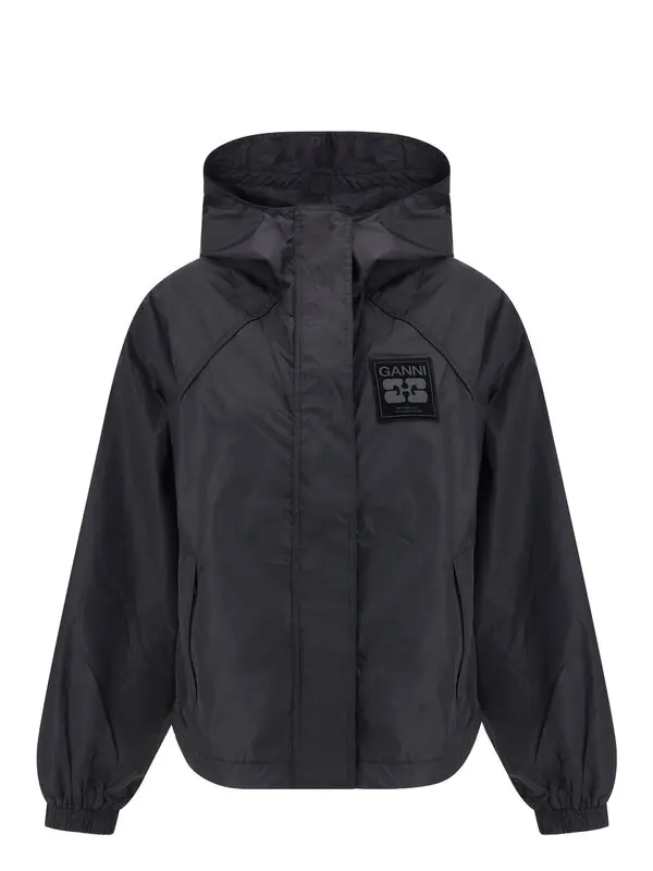 GANNI Recycled Nylon Hooded Jacket With Logo Detail - Black