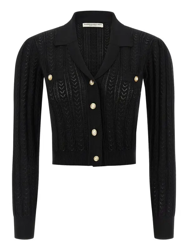 Alessandra Rich Knit Cardigan With Lapel Neck - Black