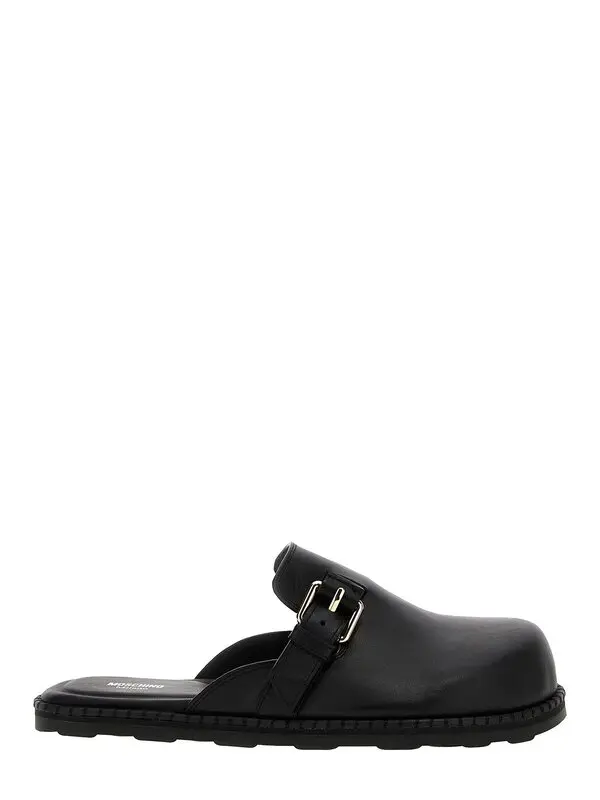 Moschino Birky Leather Sabots With Adjustable Strap - Black