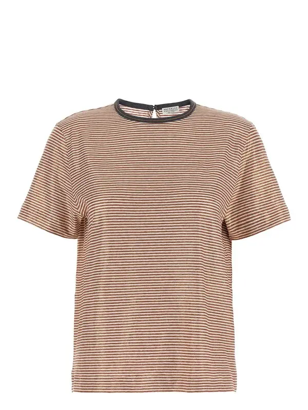 Brunello Cucinelli Striped Stretch Linen T-shirt With Monile Detail - Multicolor