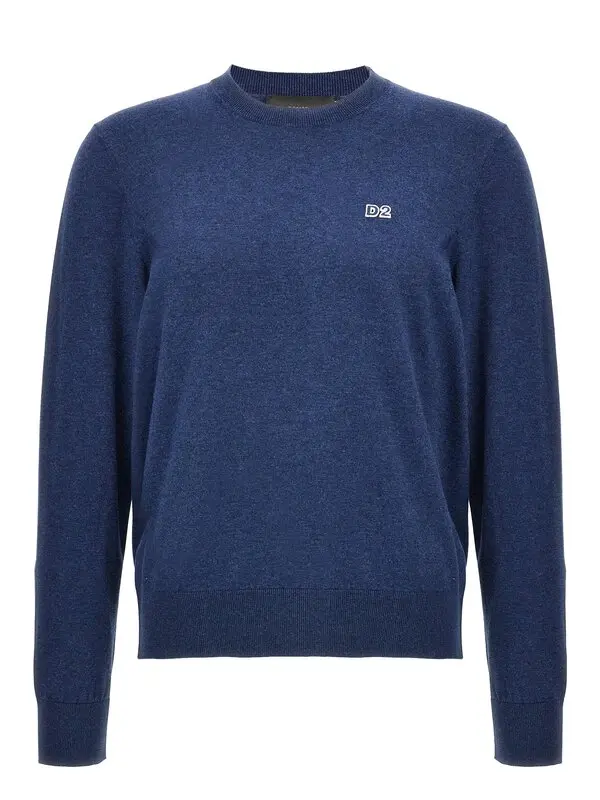 Dsquared2 Melange Cotton Crewneck Sweater With Logo Patch - Blue